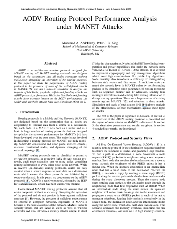 Pdf Aodv Routing Protocol Performance Analysis Under Manet Attacks