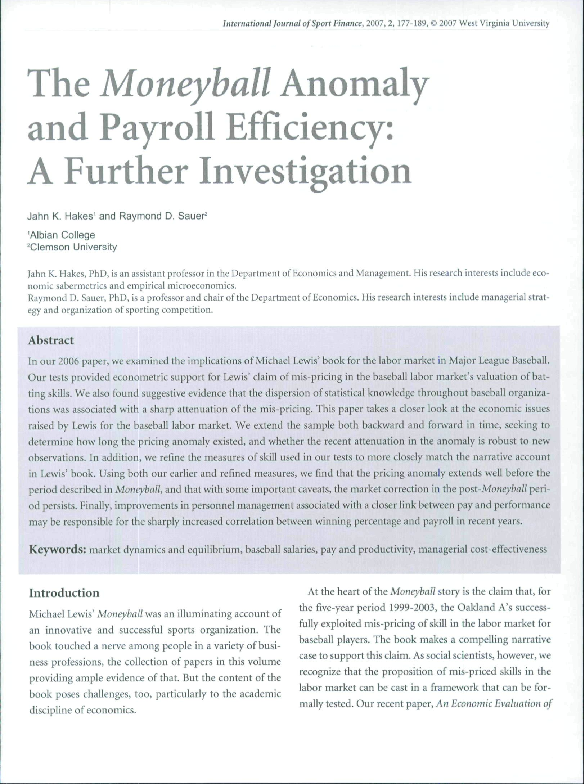 (PDF) The Moneyball Anomaly and Payroll Efficiency: A Further Investigation