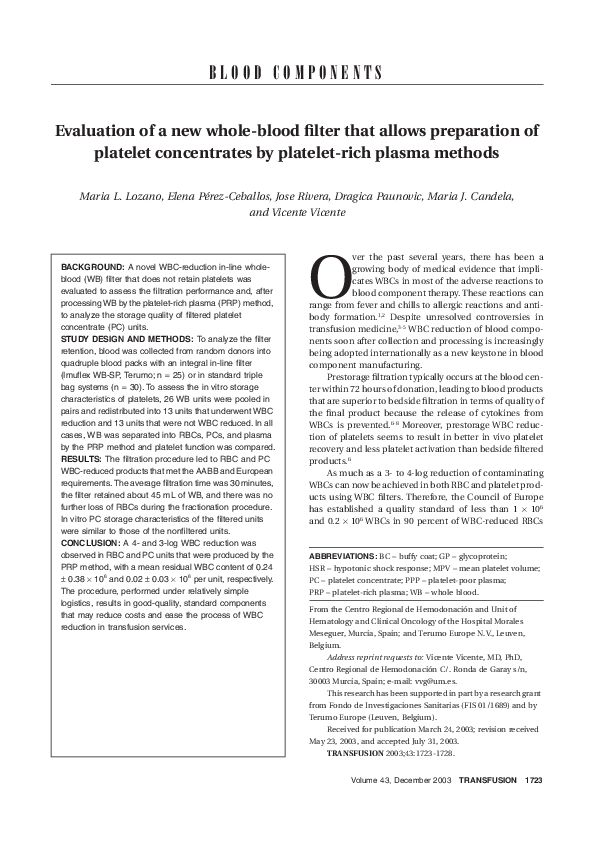 (PDF) Evaluation of a new whole-blood filter that allows preparation of ...