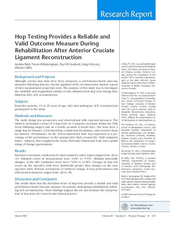 (PDF) Hop Testing Provides a Reliable and Valid Outcome Measure During ...
