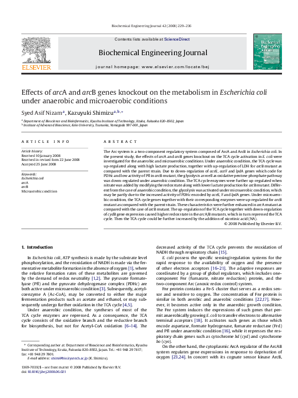 (PDF) Effects of arcA and arcB genes knockout on the metabolism in ...