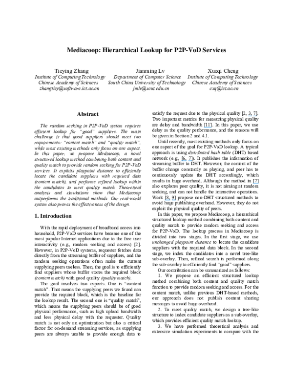 (PDF) Mediacoop: Hierarchical Lookup for P2P-VoD Services