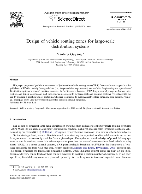 (PDF) Design of vehicle routing zones for large-scale distribution systems