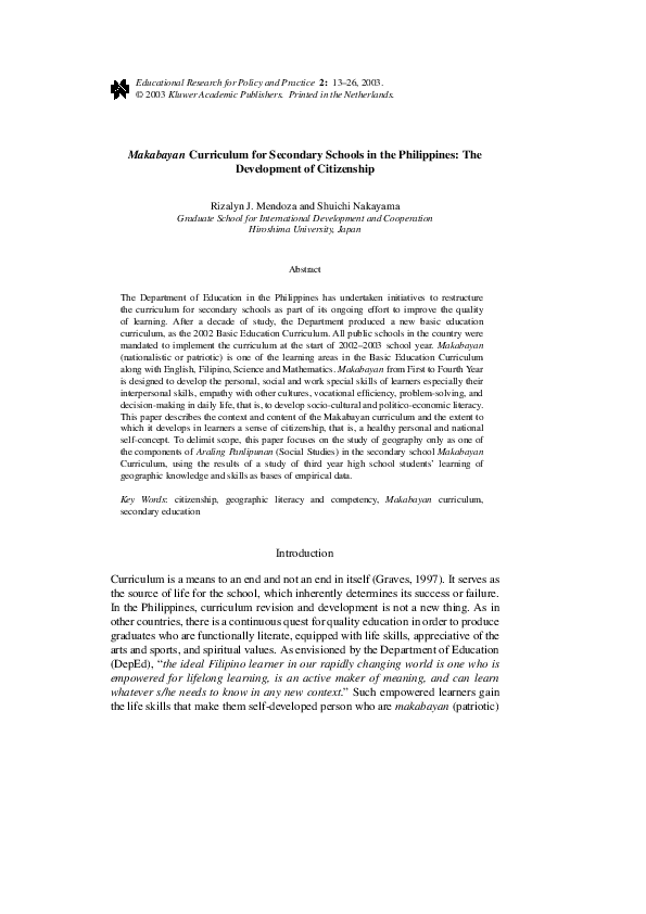 (PDF) Makabayan Curriculum for Secondary Schools in the Philippines ...