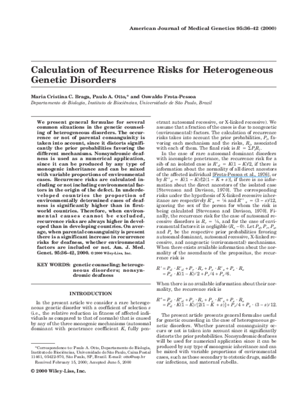 (PDF) Calculation of recurrence risks for heterogeneous genetic disorders