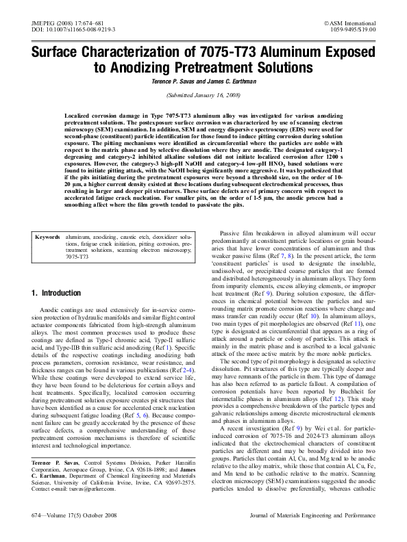 (PDF) Surface Characterization of 7075-T73 Aluminum Exposed to Anodizing Pretreatment Solutions
