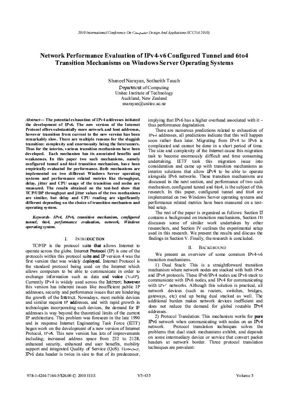 (PDF) Network performance evaluation of IPv4-v6 configured tunnel and 6to4 transition mechanisms ...