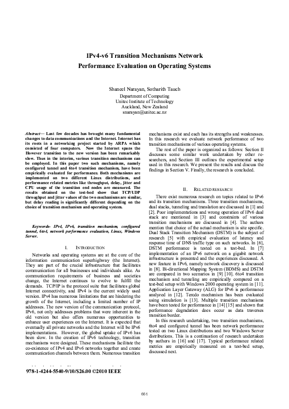 (PDF) IPv4-v6 transition mechanisms network performance evaluation on operating systems