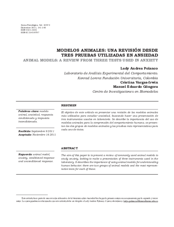 (PDF) aniMal MoDels: a review froM three tests UseD in anxiety ...