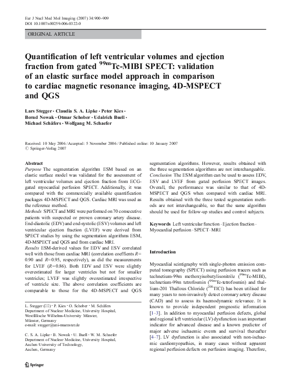 (PDF) Quantification of left ventricular volumes and ejection fraction ...