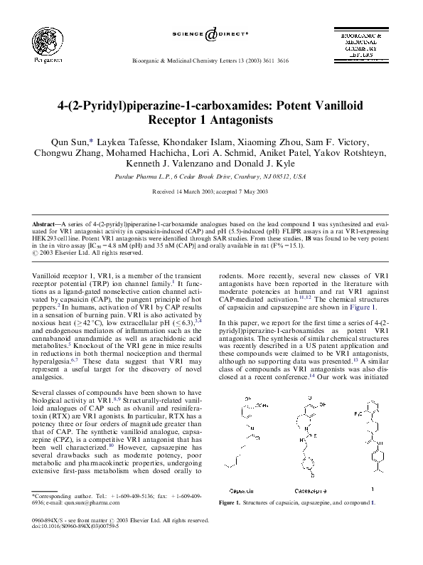 (PDF) 4-(2-Pyridyl)piperazine-1-carboxamides: potent vanilloid receptor ...