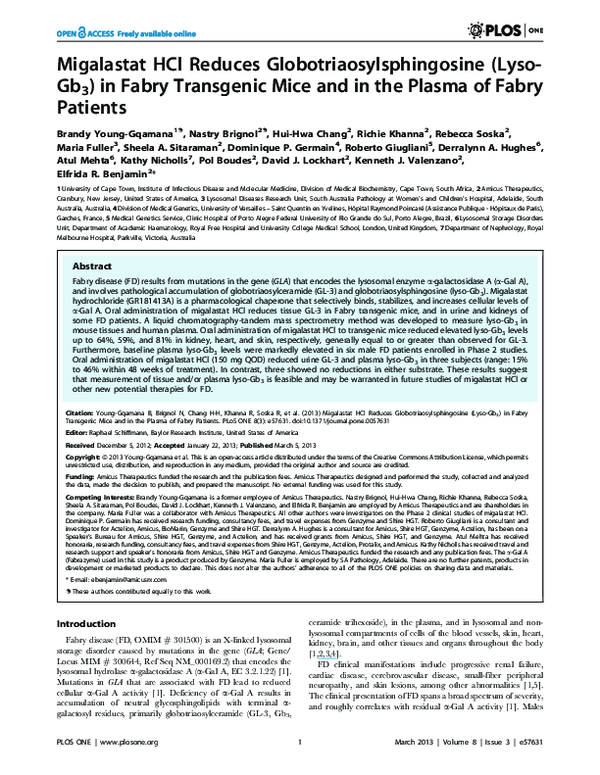 (PDF) Migalastat HCl Reduces Globotriaosylsphingosine (Lyso-Gb3) in ...