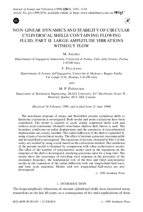 (PDF) NON-LINEAR DYNAMICS AND STABILITY OF CIRCULAR CYLINDRICAL SHELLS CONTAINING FLOWING FLUID ...