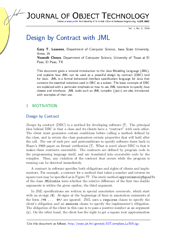 Pdf A Jml Tutorial Modular Specification And Verification Of Functional Behavior For Java