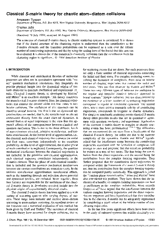 (PDF) Classical S-matrix theory for chaotic atom–diatom collisions