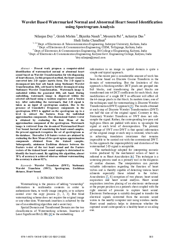 Pdf Wavelet Based Watermarked Normal And Abnormal Heart Sound Identification Using Spectrogram