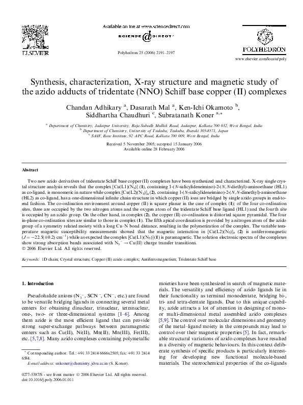 (PDF) Synthesis, characterization, X-ray structure and magnetic study of the azido adducts of ...