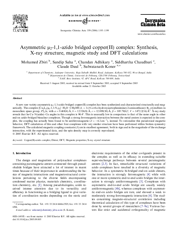 (PDF) Asymmetric μ 2-1,1-azido bridged copper(II) complex: Synthesis, X ...
