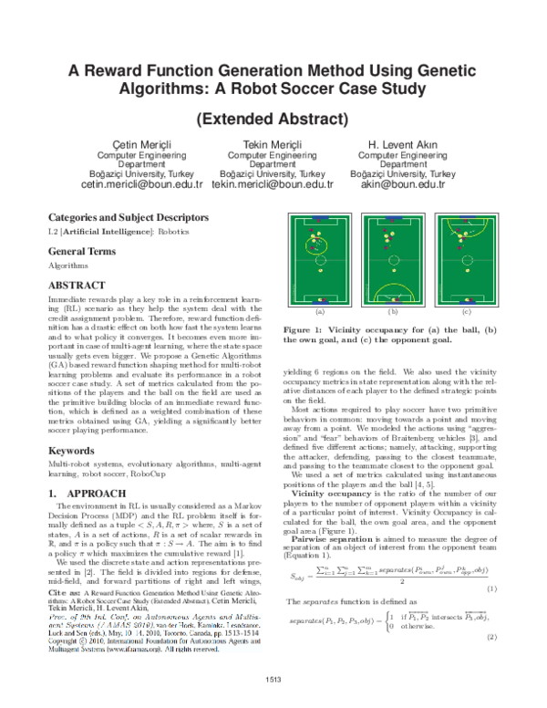 (PDF) A reward function generation method using genetic algorithms: a robot soccer case study