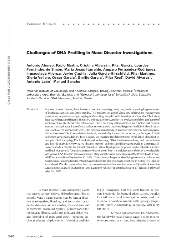 (PDF) Challenges of DNA Profiling in Mass Disaster Investigations
