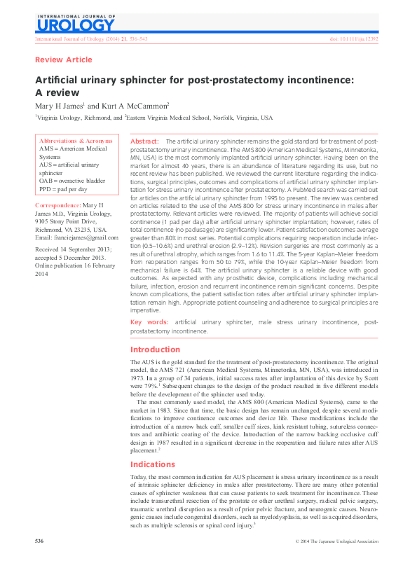 (PDF) Artificial urinary sphincter for post-prostatectomy incontinence