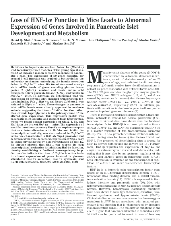 (PDF) Loss of HNF-1 Function in Mice Leads to Abnormal Expression of ...