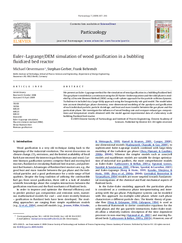 (PDF) Euler–Lagrange/DEM simulation of wood gasification in a bubbling fluidized bed reactor