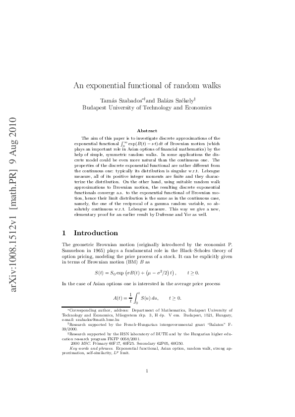 (PDF) An exponential functional of random walks | Tamas Szabados - Academia.edu