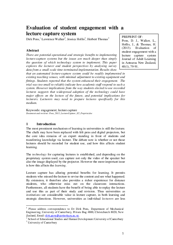 (PDF) Evaluation of student engagement with a lecture capture system