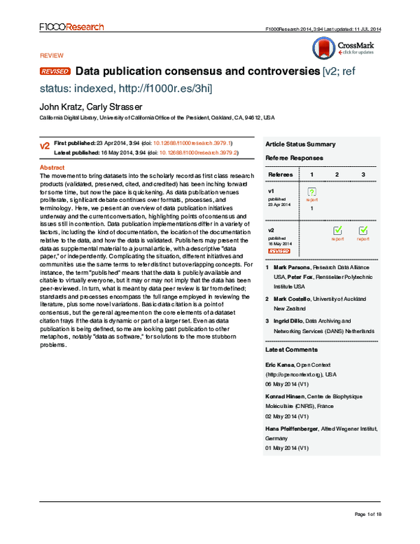 (PDF) Data publication consensus and controversies