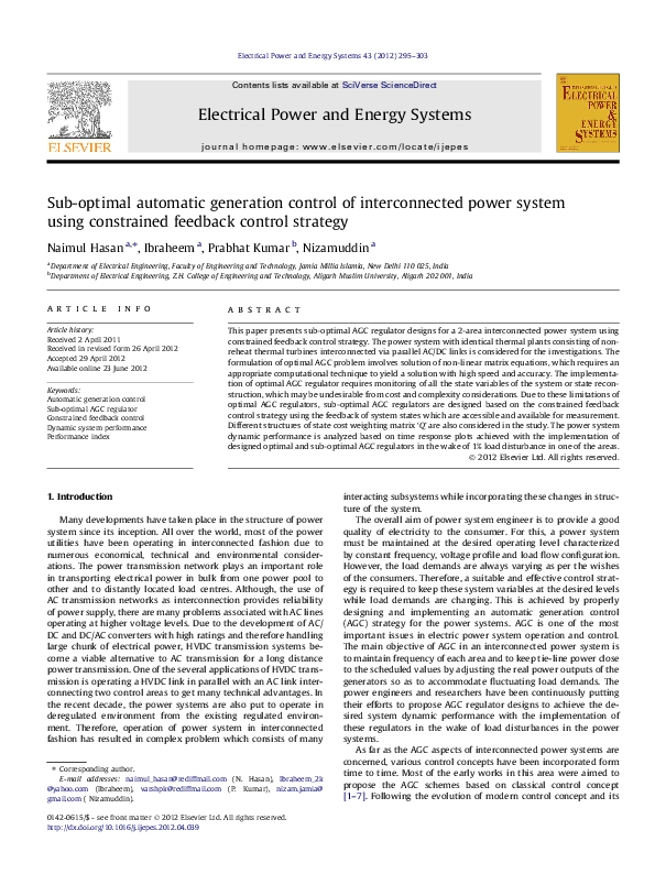 Pdf Suboptimal Automatic Generation Control Of Interconnected Power System Using Output Vector 