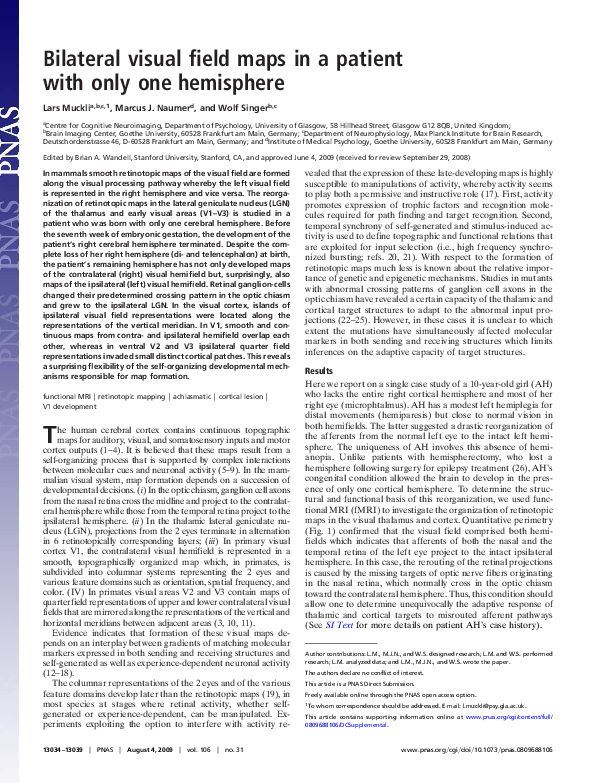(PDF) Bilateral visual field maps in a patient with only one hemisphere