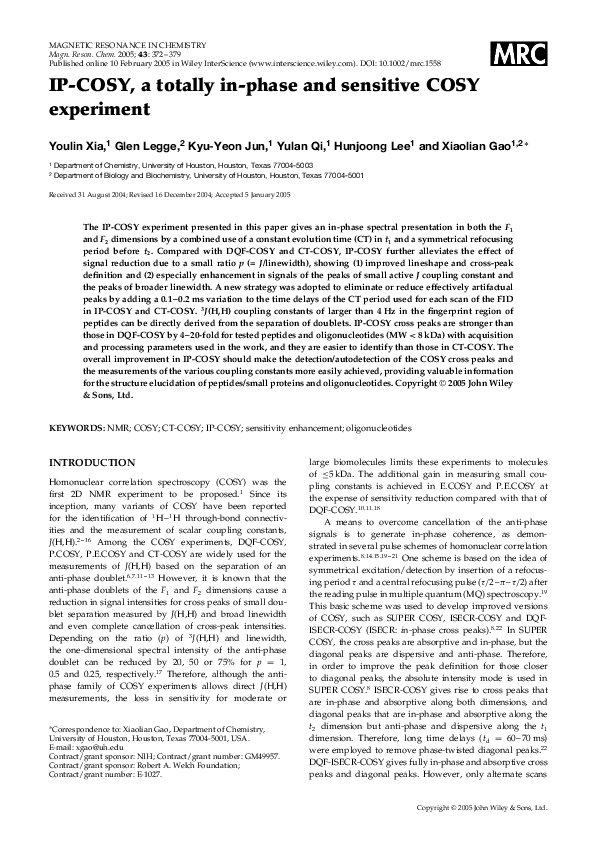 (PDF) IP-COSY, a totally in-phase and sensitive COSY experiment