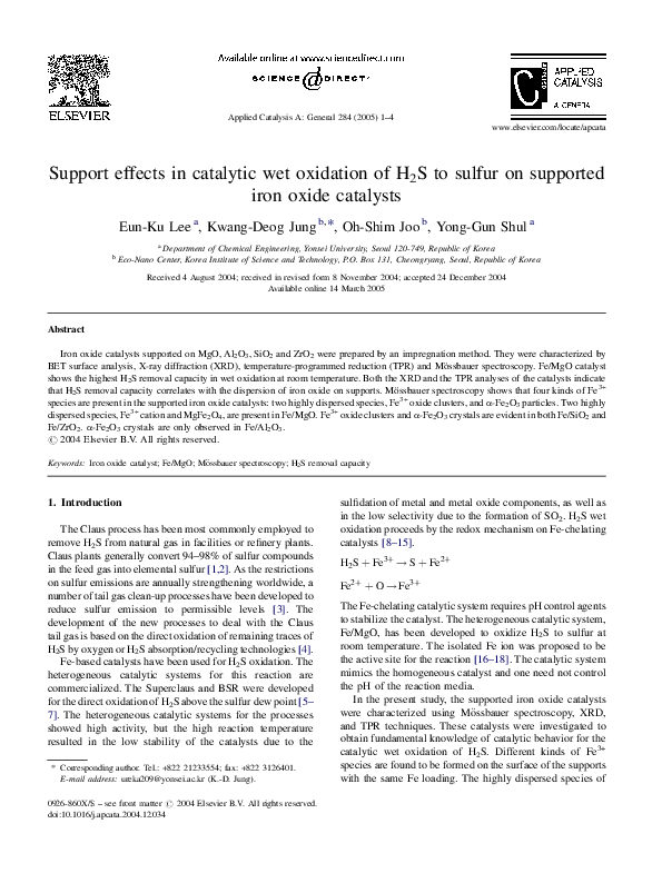 (PDF) Support effects in catalytic wet oxidation of H2S to sulfur on ...