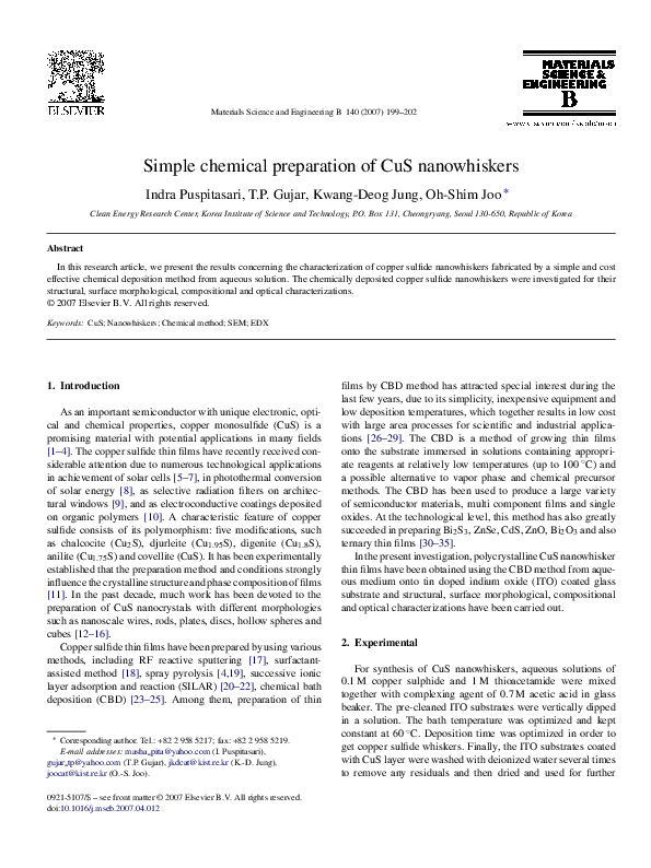 (PDF) Simple chemical preparation of CuS nanowhiskers