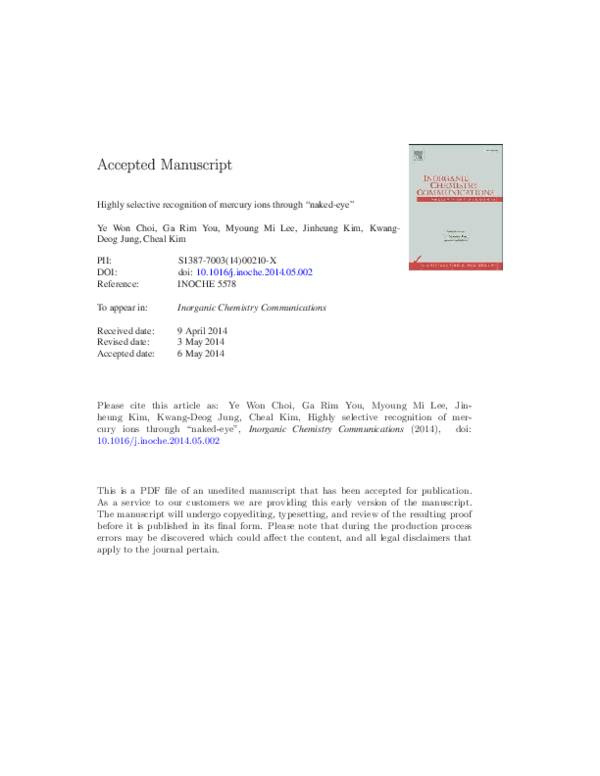 Pdf Highly Selective Recognition Of Mercury Ions Through The “naked Eye” Kwang Deog Jung