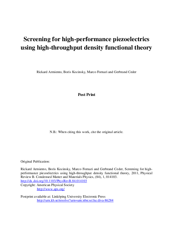(PDF) Screening for high-performance piezoelectrics using high-throughput density functional theory