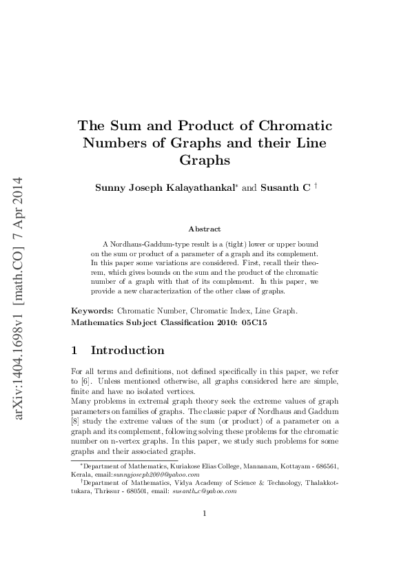 (PDF) The Sum and Product of Chromatic Numbers of Graphs and their Line Graphs