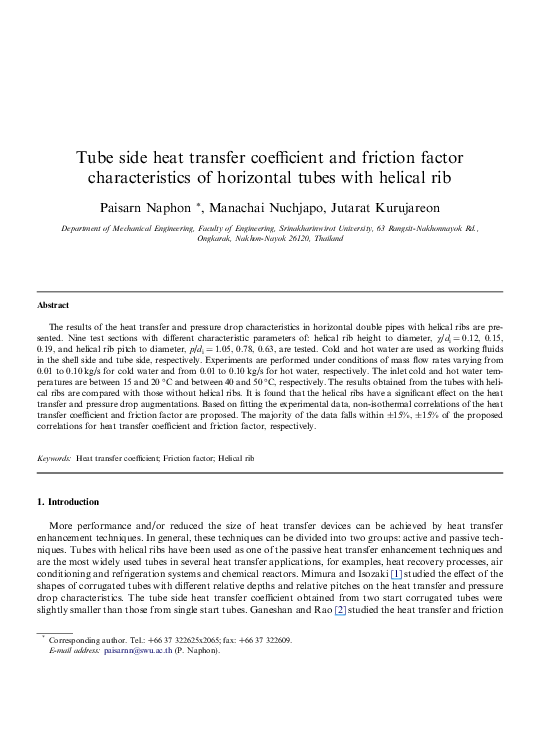 (PDF) Tube side heat transfer coefficient and friction factor ...