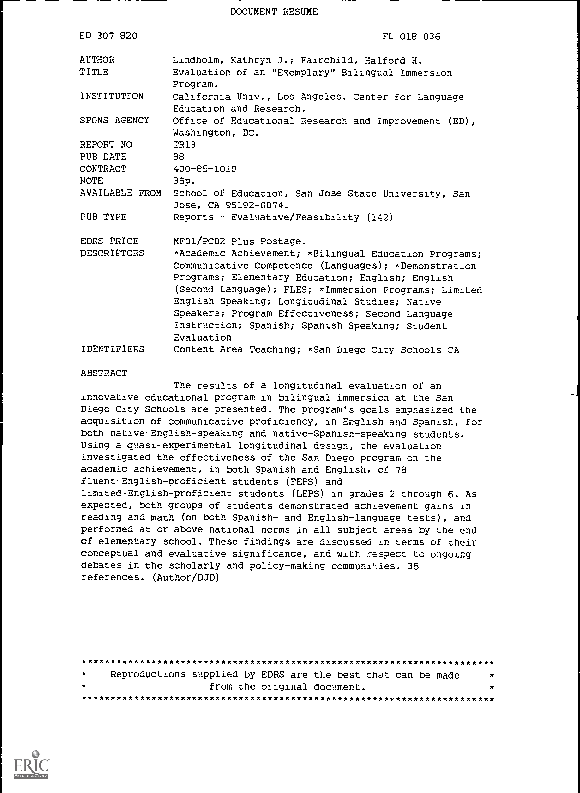 (PDF) Evaluation of an "Exemplary" Bilingual Immersion Program