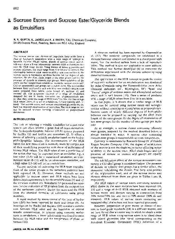 (PDF) Sucrose esters and sucrose ester/glyceride blends as emulsifiers