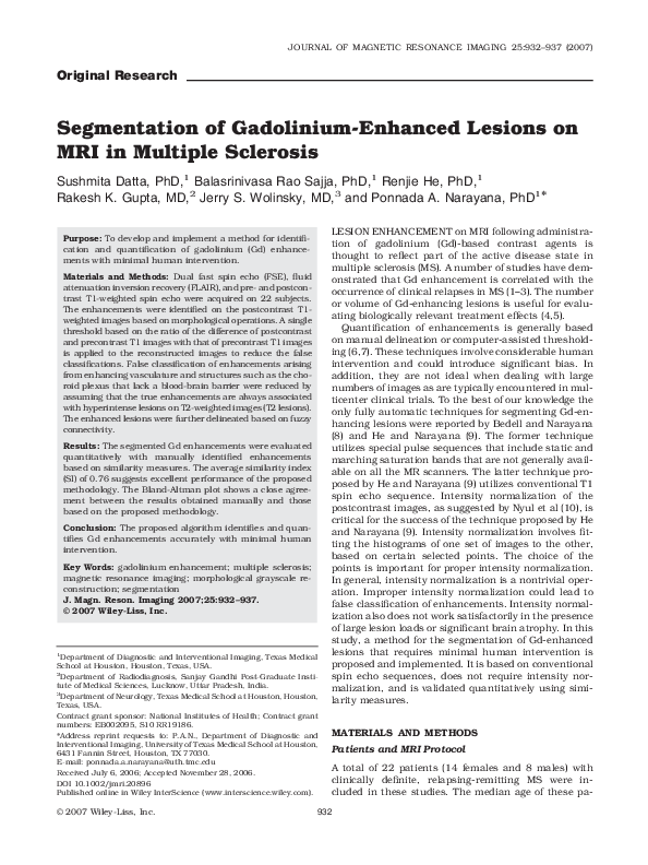(PDF) Segmentation of gadolinium-enhanced lesions on MRI in multiple sclerosis