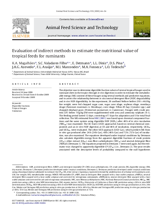 (PDF) Evaluation of indirect methods to estimate the nutritional value of tropical feeds for ...