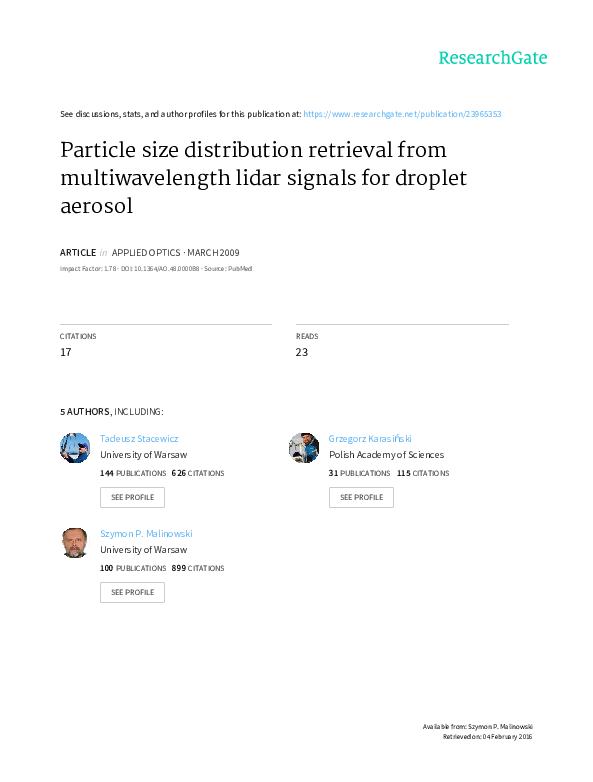 (PDF) Particle size distribution retrieval from multiwavelength lidar signals for droplet ...