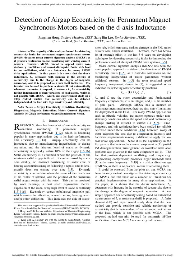 Pdf Detection Of Airgap Eccentricity For Permanent Magnet Synchronous Motors Based On The D