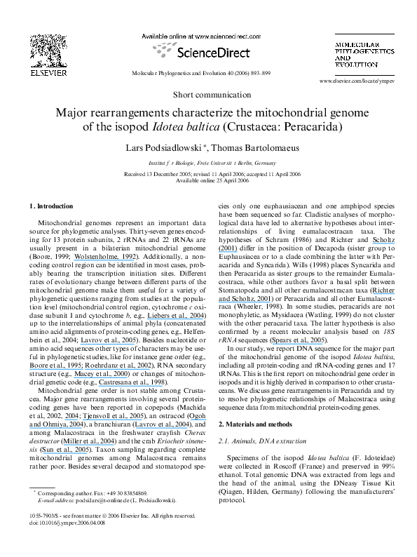 (PDF) Major rearrangements characterize the mitochondrial genome of the ...