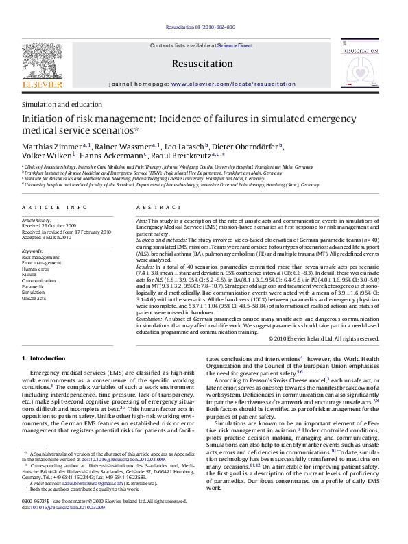(PDF) Initiation of risk management: Incidence of failures in simulated ...