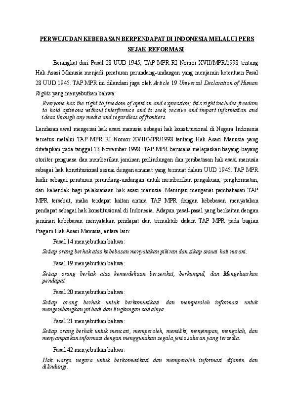 (DOC) Perwujudan Kebebasan Berpendapat di Indonesia Melalui Pers Sejak Reformasi