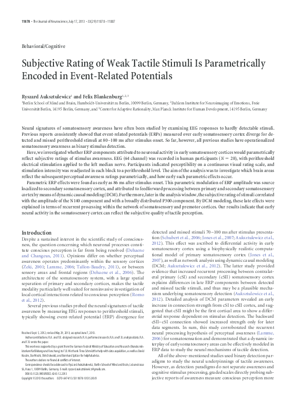 Pdf Subjective Rating Of Weak Tactile Stimuli Is Parametrically