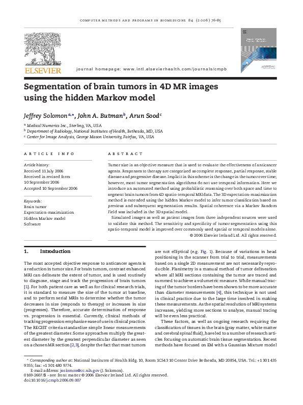 Pdf Segmentation Of Brain Tumors In 4d Mr Images Using The Hidden Markov Model